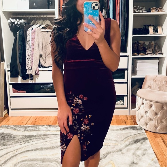 privy | Dresses | Privy Wine Velvet Floral Slit Dress | Poshmark